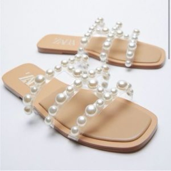 Zara | Shoes | Zara Beige Pearl Embellished Slide Sandals Size 4 | Poshmark